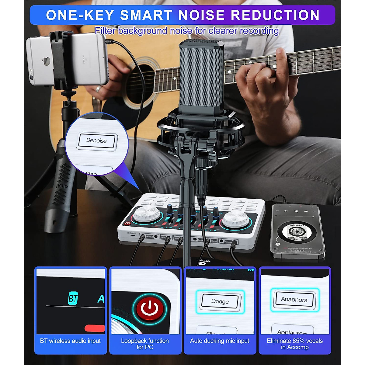 Podcast Equipment Bundle, tenlamp Q8 Podcast Microphone with Sound Board Voice Changer Mixer Controller, Studio Live Sound Card Kit for PC Smartphone Recording Live Streaming