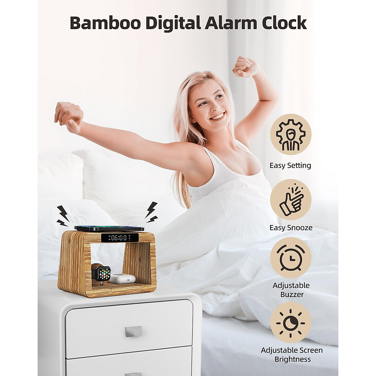 Bamboo Wireless Charging Station,Wireless Charger with Digital Alarm Clock and Night Light, Fast Charger Stand for iPhone 15/14/13/12/11 Pro Max/X/Xs, AirPods Pro, iWatch Series 8/7/6/5/SE