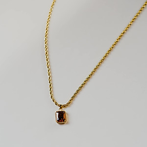 Baguette Stone Rope Necklace Roman Rope Statement Necklace | Gold Rope Chain Baguette Pendant Necklace | 18K Gold Plated Chain 20''-22'' Adjustable (Ruby CZ)