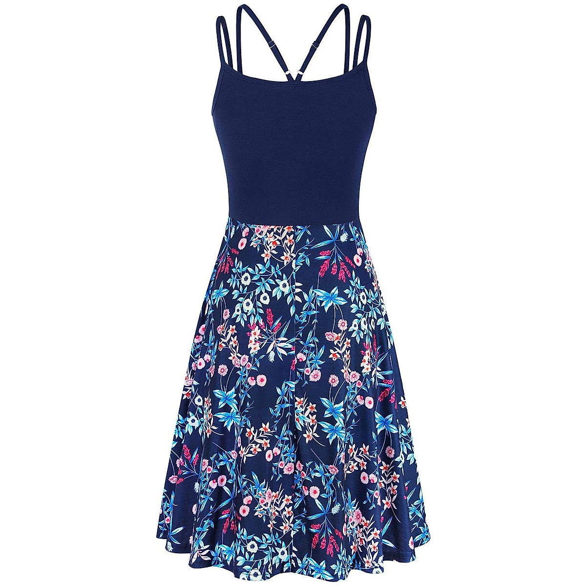 Moyabo Women's Summer V Neck Sleeveless Double Adjustable Spaghetti Strap A-line Mini Dress Navy Blue Flower X-Large