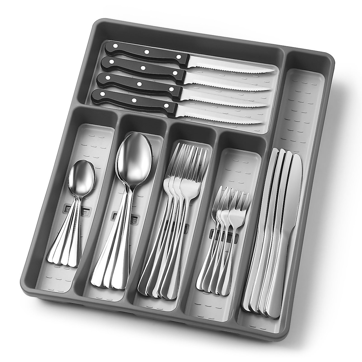 24-Piece Silverware Set with Organizer，Heavy Duty Stainless Steel Flatware Cutlery Tableware Set for 4，Includes 6-Compartment Silverware Tray with Cutlery Icons，Silverware Set with Steak Knives