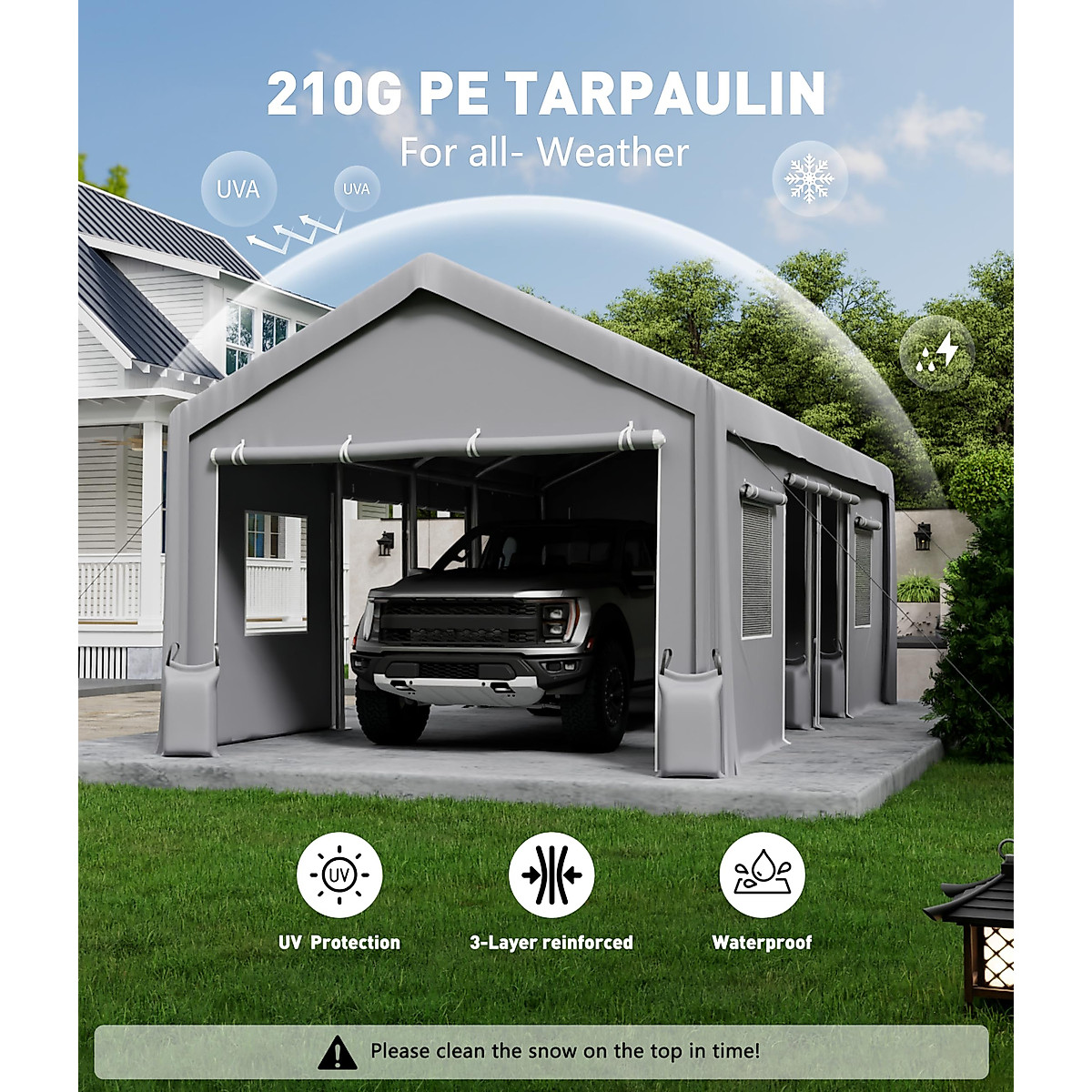 GarveeLife 25'x 13'x 11' Carport Top Replacement Cover 180G Heavy-Duty Garage Top Tent Shelter Tarp Waterproof & UV Protected (Top Cover ONLY, Frame Not Included) (Gray)