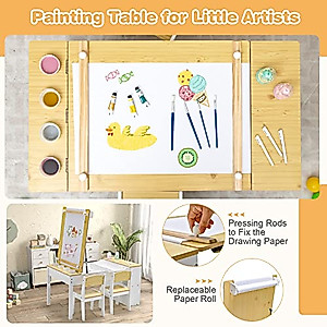 Costzon 2 in 1 Kids Table and Chair Set, Wood Art Table & Easel Set with 2 Chairs, 6 Storage Bins, Paper Roller, Paint Cups for Draw, Write, Play, Arts & Crafts, Toddler Table and Chair Set (Natural)