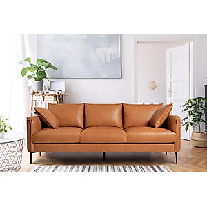 Valencia Jasper 85" Cognac Tan Brown 3 Seater Full Leather Couch | Mid Century Leather Sofa with 2 Pillows for Living Room Furniture | Plush Cushions, Nappa Leather Lounge Couch
