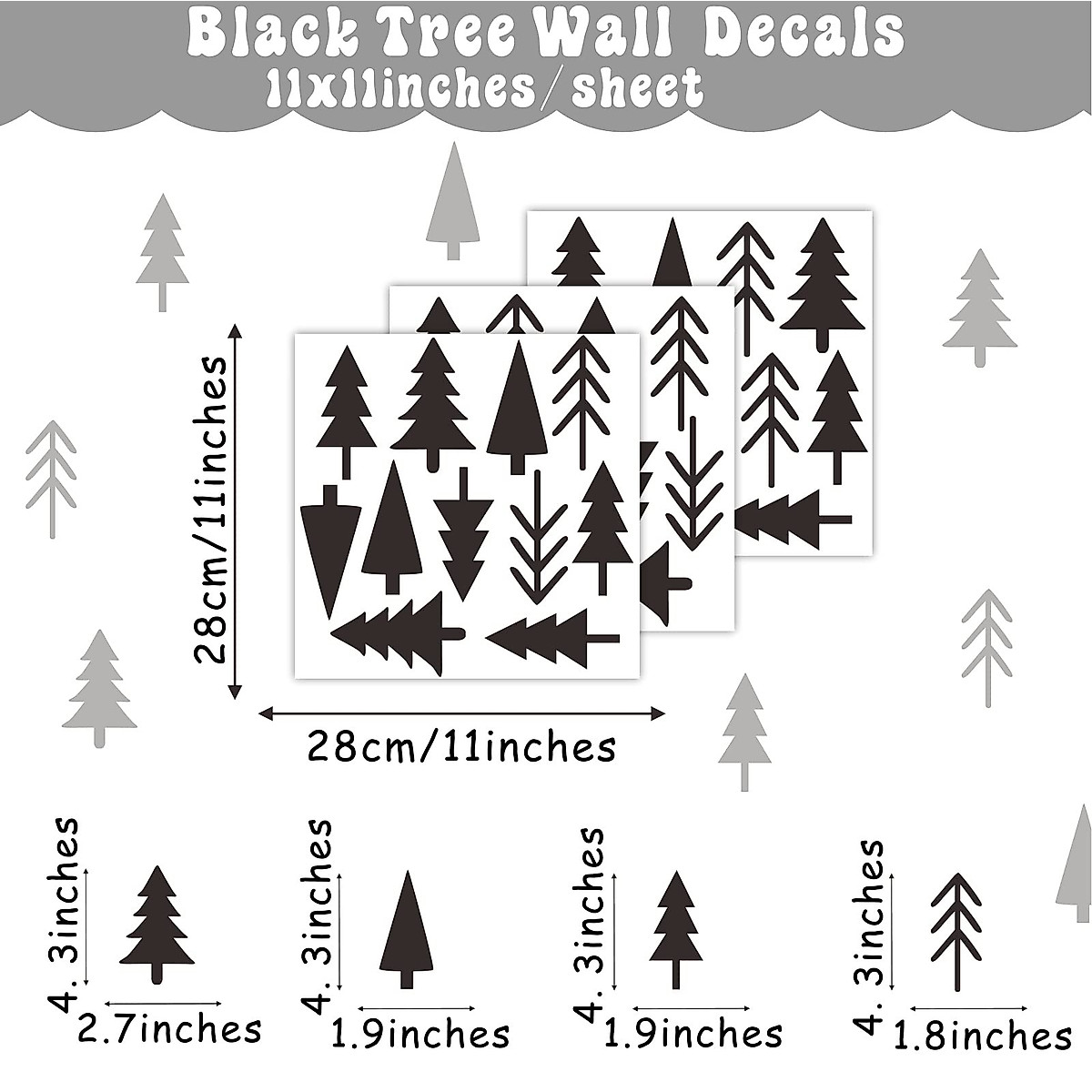 Small Pine Tree Wall Sticker Vinyl Black Tree Wall Decals Forest Tree Wall Stickers Woodland Tree Decals Peel and Stick Pine Tree Wall Decals for Nursery Kids Room Bedroom Decor