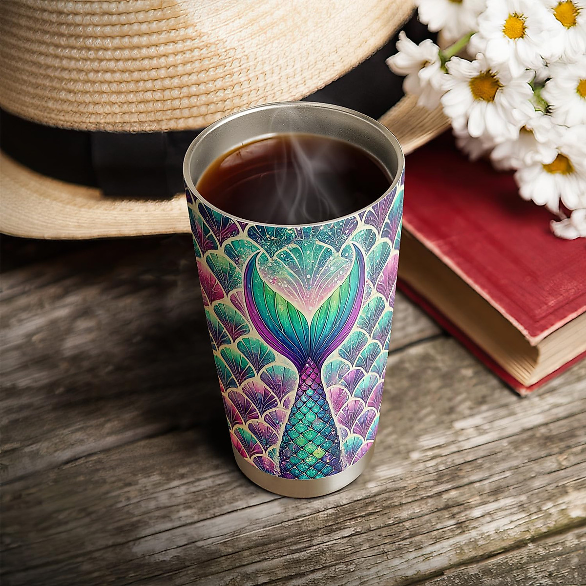 20oz Mermaid Tumbler, Gifts for Mermaid Lovers, Sea, Ocean, Beach Gifts, Coffee Thermos for Women, Stainless Steel Double Wall Vacuum Insulated Coffee Mug, Travel Cup with Lid
