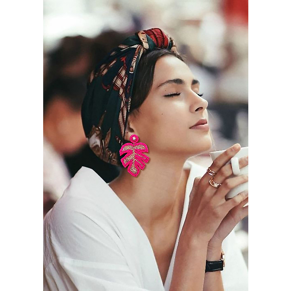 CXCraft Beaded Drop Earrings for Women Statement Rhinestone Palm Leaf Beaded Dangle Earrings Handmade Crystal Tropical Plant Monstera Earrings for Girls Sister Boho Holiday Jewelry, Rose Red