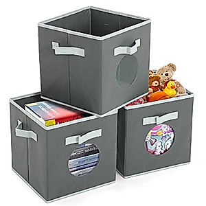 GARPROVM Collapsible Storage Cubes 11 Inch Foldable Fabric Storage Cubes With Clear Window and 4 Leather Pu Material Handles for Shelves For Closet, Utility Room, Storage Room