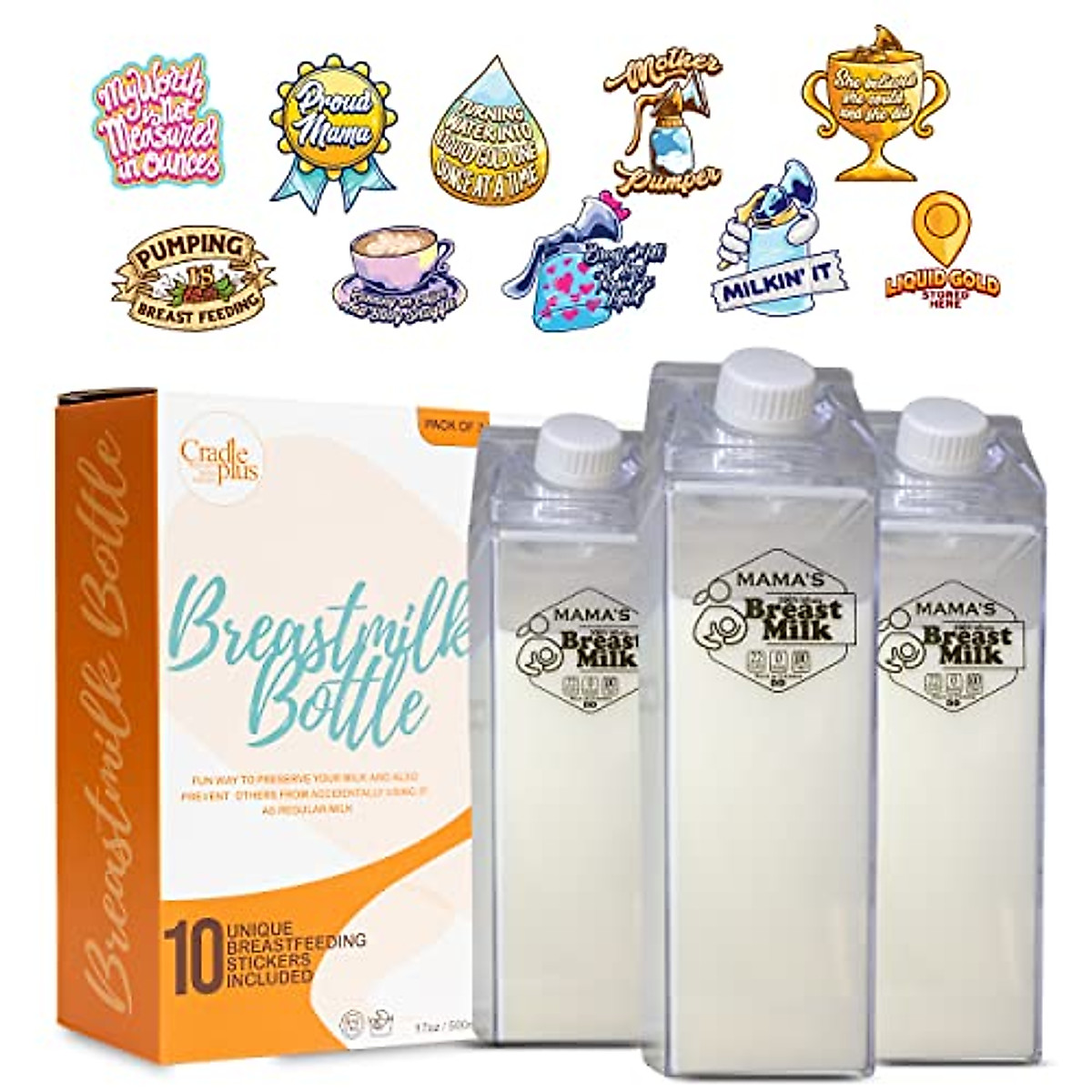 Breast Milk Pitcher for fridge - 3PACK 17oz Breast milk storing containers w/ 10pcs breastfeeding stickers for adults | Acrylic Milk carton water bottles | breastmilk storage bottle formula pitcher