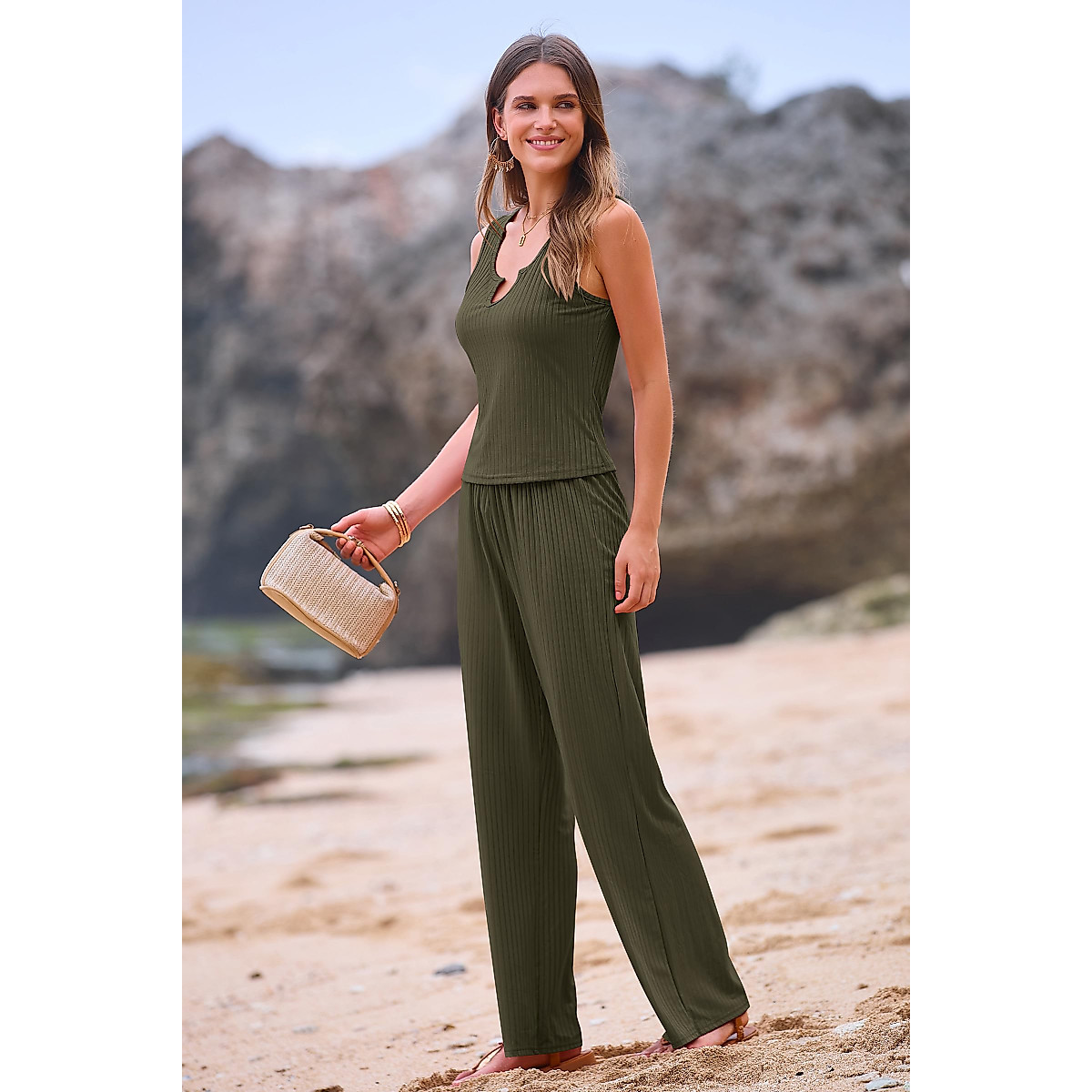 PRETTYGARDEN Womens Summer Casual Two Piece Outfits Sweatsuits Tank Scoop Neck Ribbed Knit Long Pants Tracksuits(Army Green, Medium)