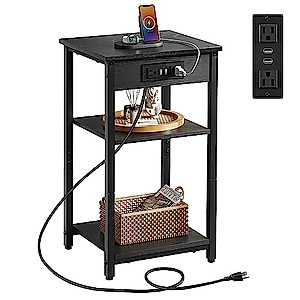WLIVE End Table with Charging Station and USB Ports, 3-Tier Side Table with Adjustable Shelf, Side Table with Outlet for Small Spaces, Living Room, Bedroom, Black