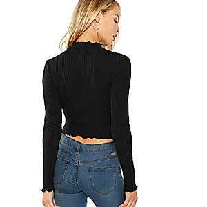 Floerns Women's Lettuce Trim Mock Neck Tight Ribbed Long Sleeve Crop Top Tee Shirts A Black S