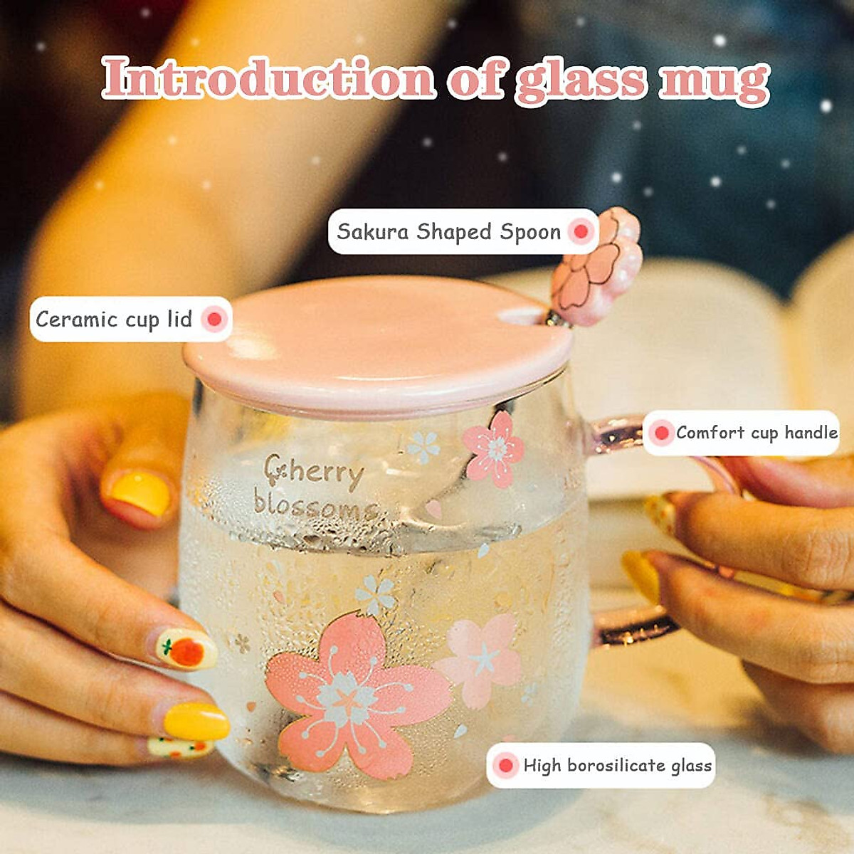 ZRAGEK Sakura Mug Creative Sakura Cup Coaster, Office Drinking Cup with Scale, Cute Heat Resistant Glass Mug with Lid Spoon, 17.6 oz Large Capacity(Big flower,17.6Oz)