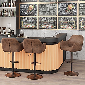 Keyluv Bar Stools Set of 2 for Kitchen Counter Adjustable Swivel Height Barstools 29 Inch Faux Leather Bar Chairs with Padded Back and Chromed Metal Base, Retro Brown