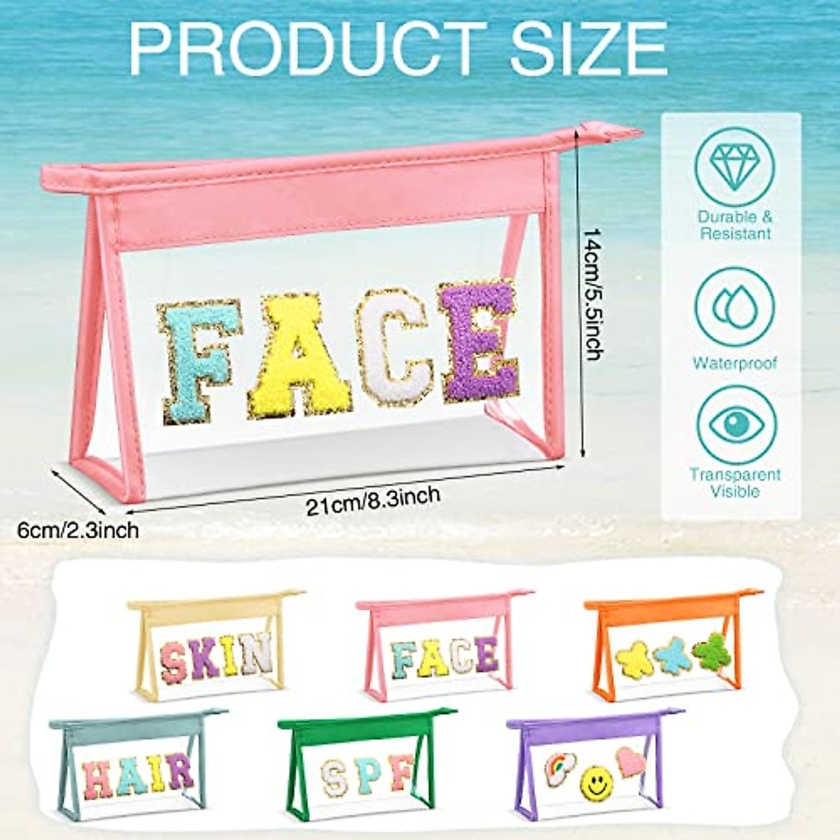 6 Pcs Clear Preppy Patch Makeup Bag Nylon Cosmetic Bag PVC Zipper Varsity Letter Toiletry Bag Multipurpose Makeup Bag for Purse Skin Care Bag Travel Pouches for Toiletry Preppy Organizer (Cute Color)