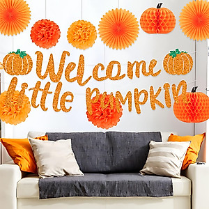 Little Pumpkin Baby Shower Decorations Include Little Pumpkin Banner Pumpkin Honeycomb Balls Tissue Pom Poms Flowers Paper Fans for Fall Theme Baby Shower Little Pumpkin Birthday Party Decoration