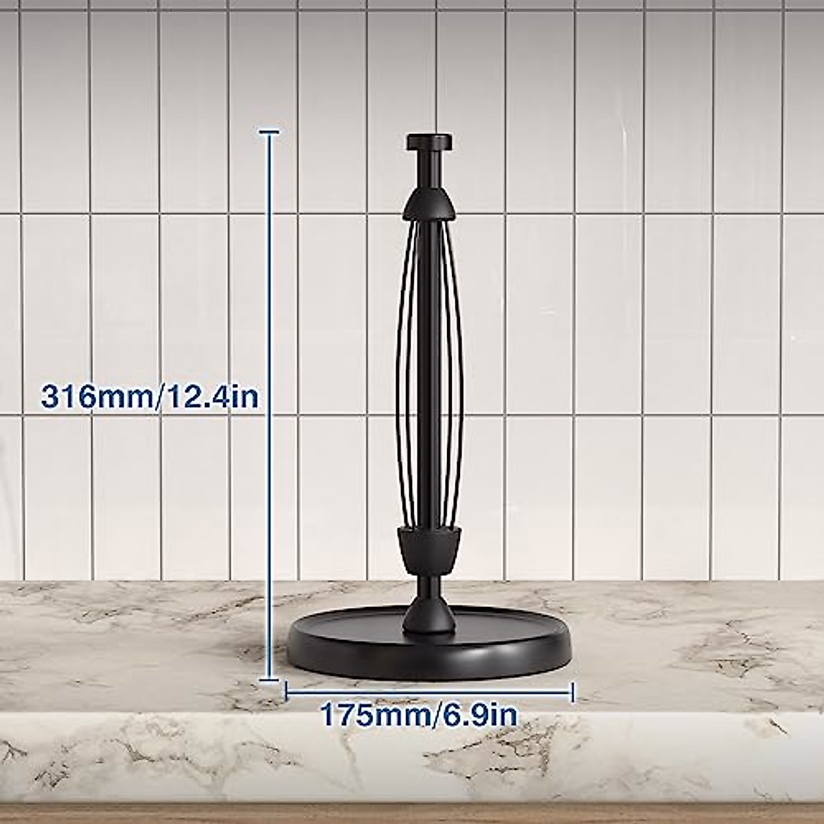 Swaitee Paper Towel Holder Countertop, Black Paper Towel Holder Stand with Ratchet Mechanism for Kitchen Bathroom, One-Handed Tear Paper Stainless Steel Paper Towel Holder with Weighted Base(Black)