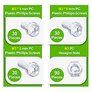 Pzsmocn 180 Pieces M3*4/6/8mm PC Transparent Plastic Cross-recessed Round Head Screws and Hexagonal Nuts Kit, Corrosion-Resistant, for DIY, Model and Electronic Product Fixation.