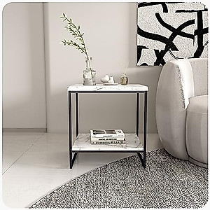 Tilly Lin Faux Marble Side Table, White Marble Small Coffee Table with Storage, 2-Tier End Table for Living Room, Nightstand for Bedroom (White, Black)