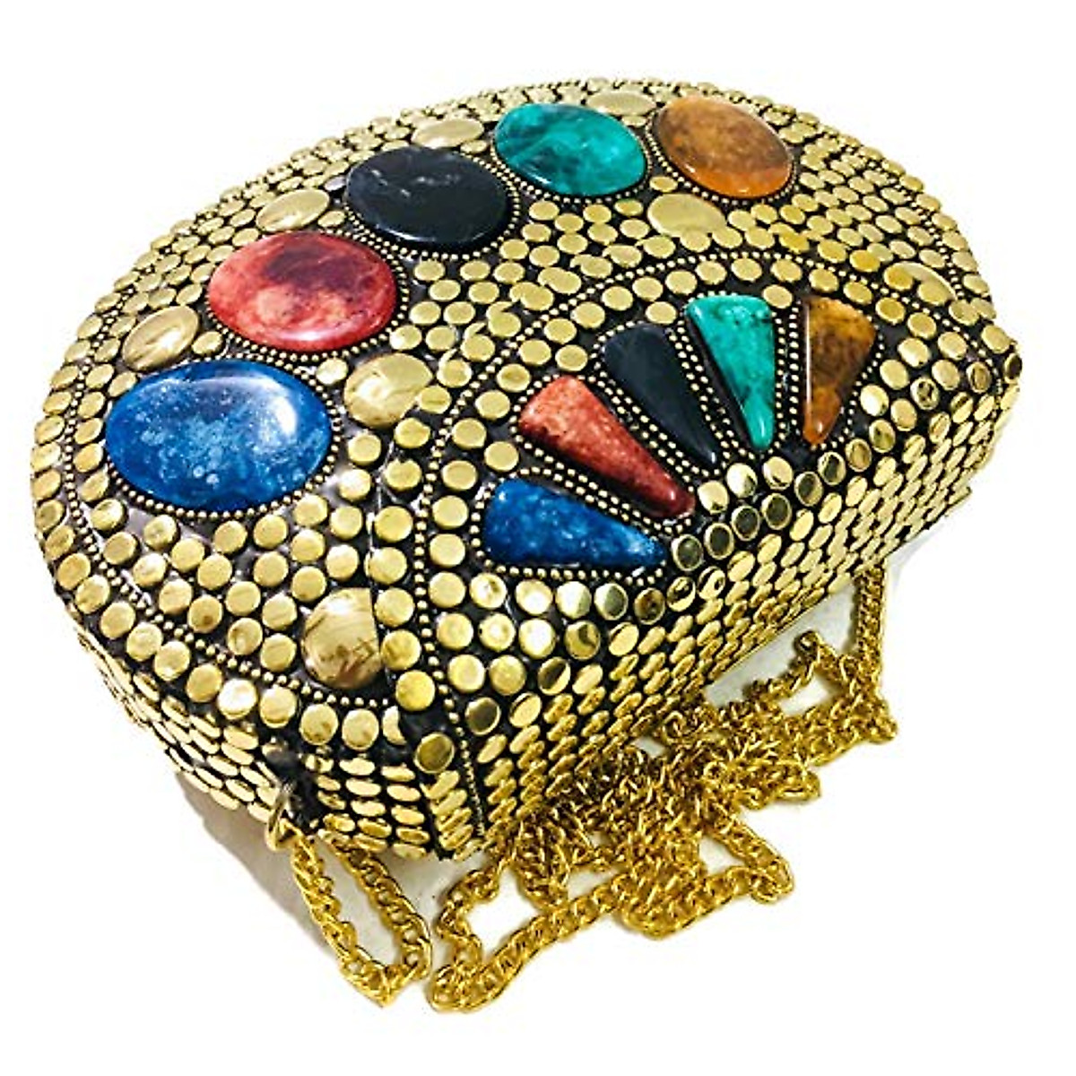 Brass Beaded Ethnic purse Girls Bridal Bag Golden cross body bag for women/Girl party clutch Metal clutches Vintage Brass (Gold Muti Stone)