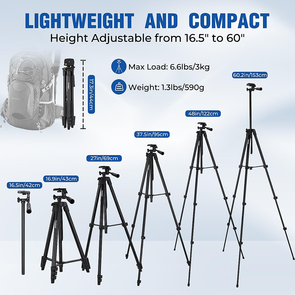 Polarduck 60" Camera Tripod Phone Stand: Selfie Stick Tripod for iPhone iPad with Cell Phone Mount, Remote and Travel Bag Compatible with Canon Nikon Sony DSLR | Cellphone | Tablet | Projector