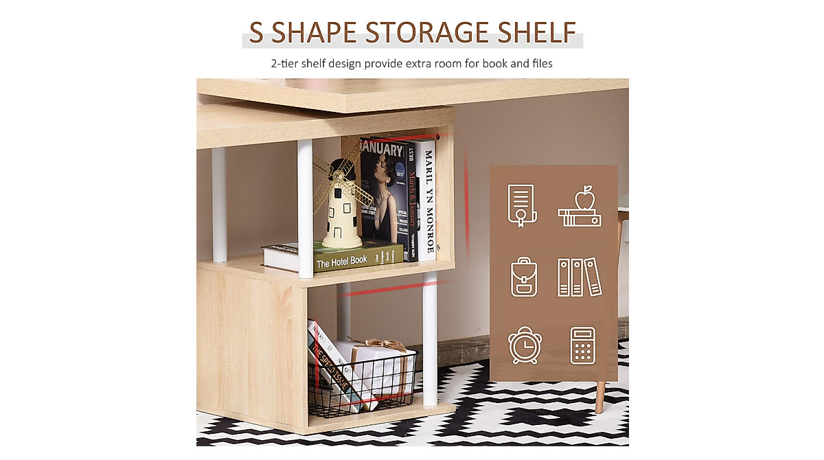 HOMCOM 55" Rotating Corner Desk with Storage Shelves - Space-Saving