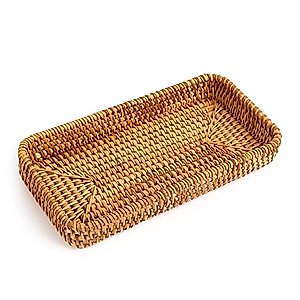 ORYOUGO Wicker Baskets Tray, Rectangle Rattan Serving Tray Hand Woven Bathroom Countertop Small Storage Basket for Coffee Table, Vanity, Toilet Tank