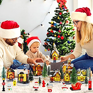 Woanger 29 Pieces Christmas Village Set LED Lighted Houses for Christmas Village Xmas Scene Figurines Decoration Crafted Poly Resin Collectables for Holiday Party Decor