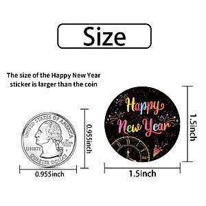 Heyfibro 1.5 Inches Happy New Year Sticker Roll, 500 Pcs Black New Year Stickers for Kids and Adults, Winter Holiday Round Labels Stickers for Gift Packing, Cards, Envelope Seals, Party Supplies