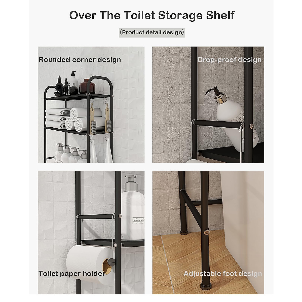 CAMOAT Over The Toilet Storage Shelf, Metallic Black 3-Tier Over Toilet Bathroom Organizer, Adjustable Foot Height with 4 Hooks 19.3" Wide Toilet Shelf Rack