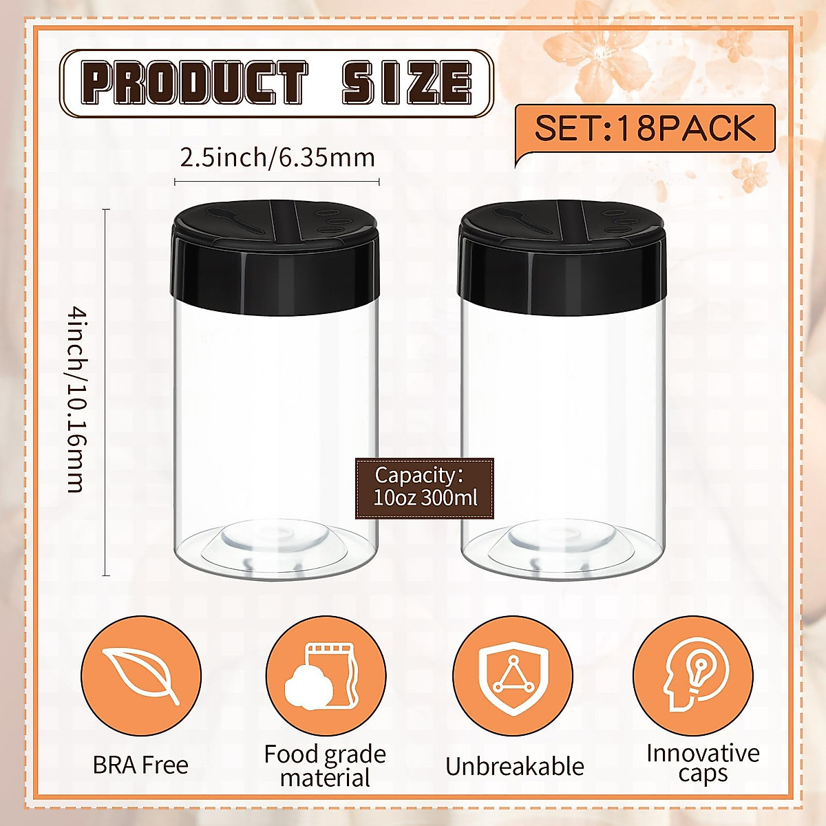 Uiifan 18 Pack 10 oz large plastic Spice Jars with Black Lids Clear and Safe Spice Bottles with Black PVC Labels Plastic Containers with Shaker Lids for Kitchen Storing Salt Herbs Seasoning Powders