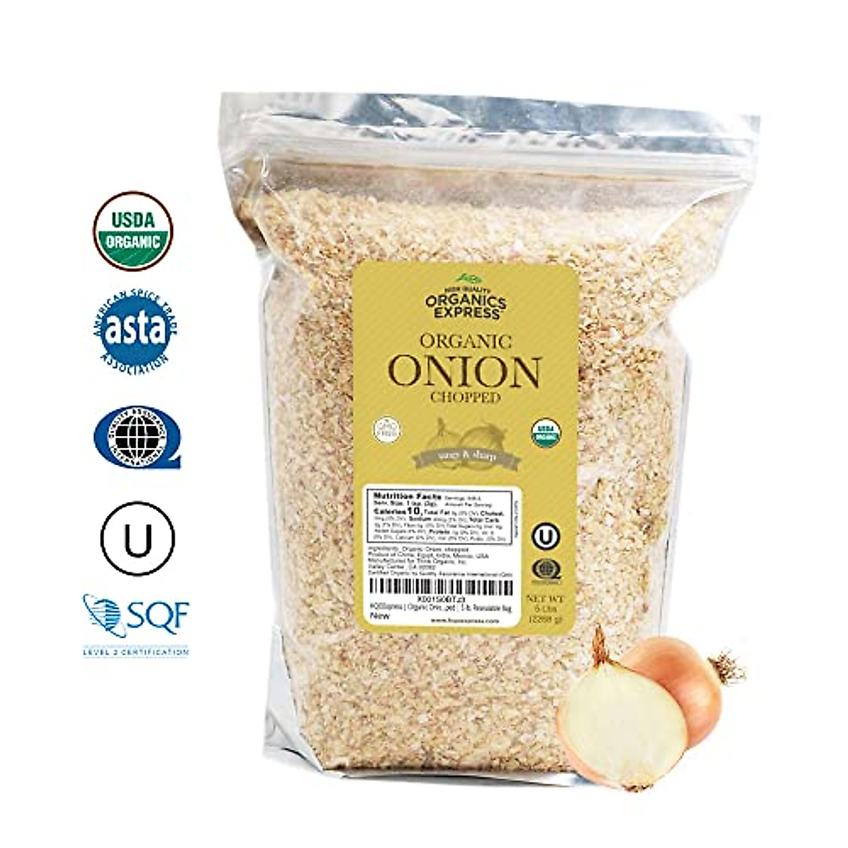 HQOExpress Organic Onion Chopped – Organic Onion Flakes - Dried and Minced – Spicy and Tangy Seasoning Powder for Soups, Stews, Marinades and Broths - Non GMO, Kosher, USDA Certified , 5 lb.