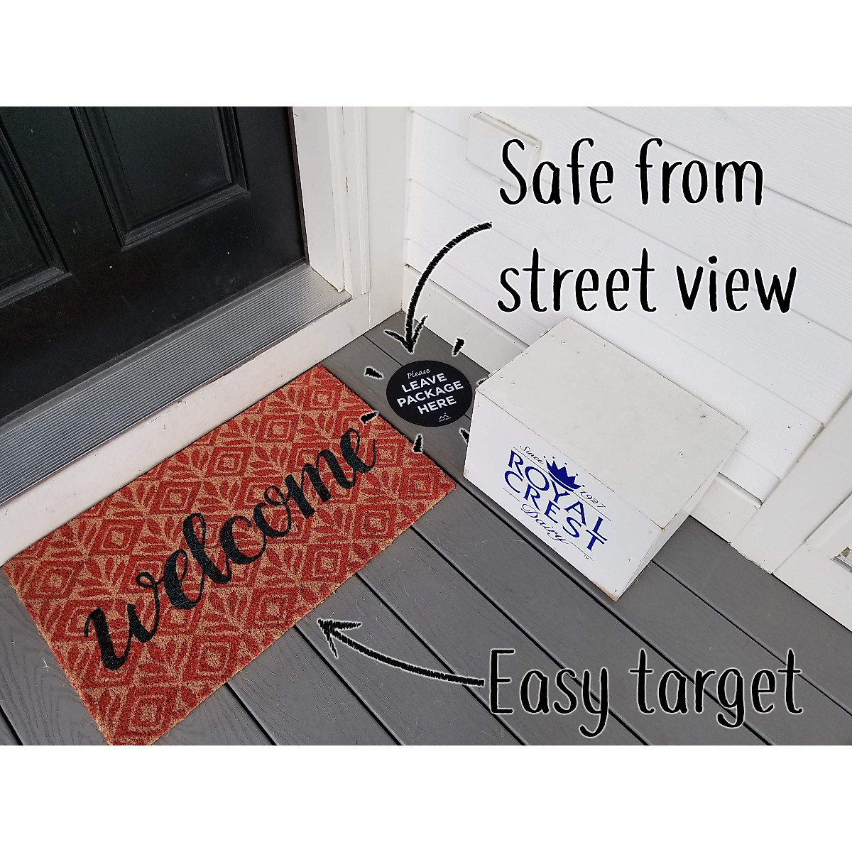 Leave Packages Here Sign Mat: Award Winning Design. Heavy-Duty Rubber. Avoid Contact. Stops Package Theft. Great for Amazon Key.