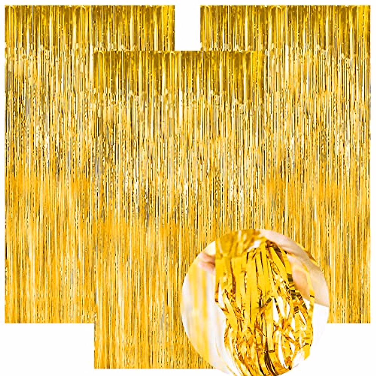Gold Foil Fringe Curtains 3Pack - Metallic Foil Tinsel Backdrop 3.3 x 6.6 Ft Glitter Streamers Ribbon Fringe Tinsel Gold Shiny Background for Fathers Day 4th July Decoration Birthday Wedding Party