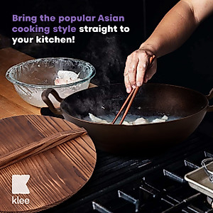 Klee Pre-Seasoned Cast Iron Wok Pan with Wood Wok Lid and Handles - 14" Large Wok Pan with Flat Base and Non-Stick Surface for Deep Frying, Stir-Frying, Grilling, Steaming - Stovetop and Oven Safe