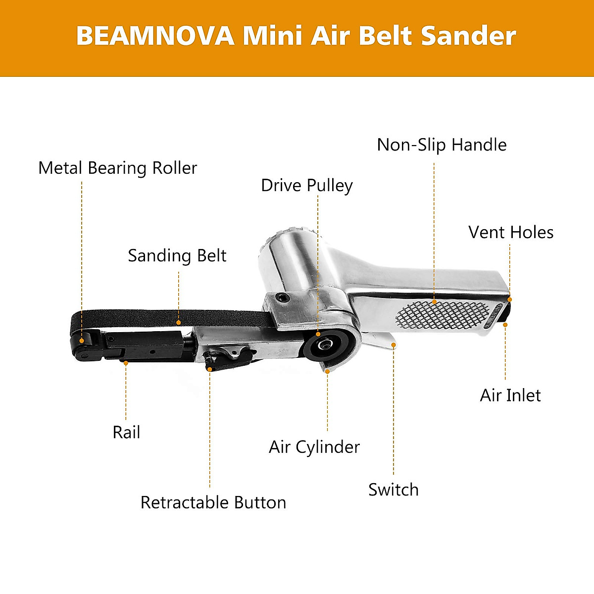 BEAMNOVA Mini Air Belt Sander for Woodworking Metal Working 3/8 Inch Handheld Angle Grinder Industrial Pneumatic Tool with 3 Belts 60/80/100 Grit