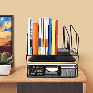 Desk File Organizer with Drawer Anyyuk Office Supplies Organizer with Double Tray and 5 Upright File Folder Holders Sections Desktop Organizer for Workspace Home Office School, Black