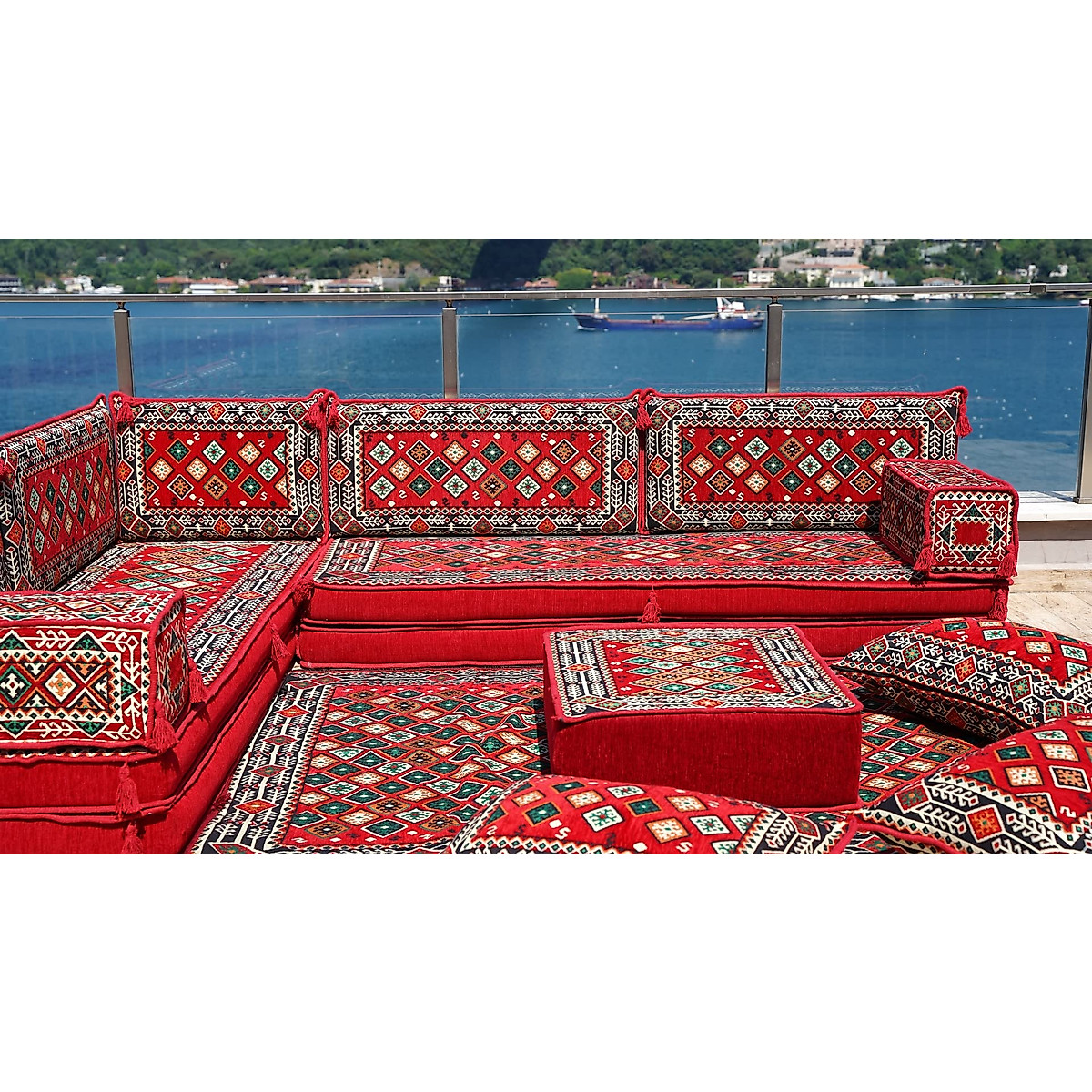 8" Thicknesse L Shaped Floor Couch, Arabic Sofa Seating, Floor Pillow, Corner Floor Couch, Sectional Sofa Set, Patio Furniture, Arabic Majlis (L Sofa + Rug + Poufs)