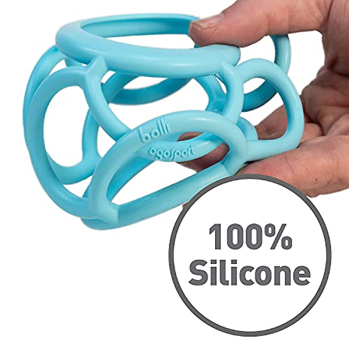 OgoBolli Grippi Baby Bottle Holder and Sensory Teether Toy for Babies - for 2.4"-3" Wide Bottles - Made from Safe, Stretchy Silicone, Non-Toxic, PVC, BPA and Phthalate Free - Ages 6+ Months - Blue