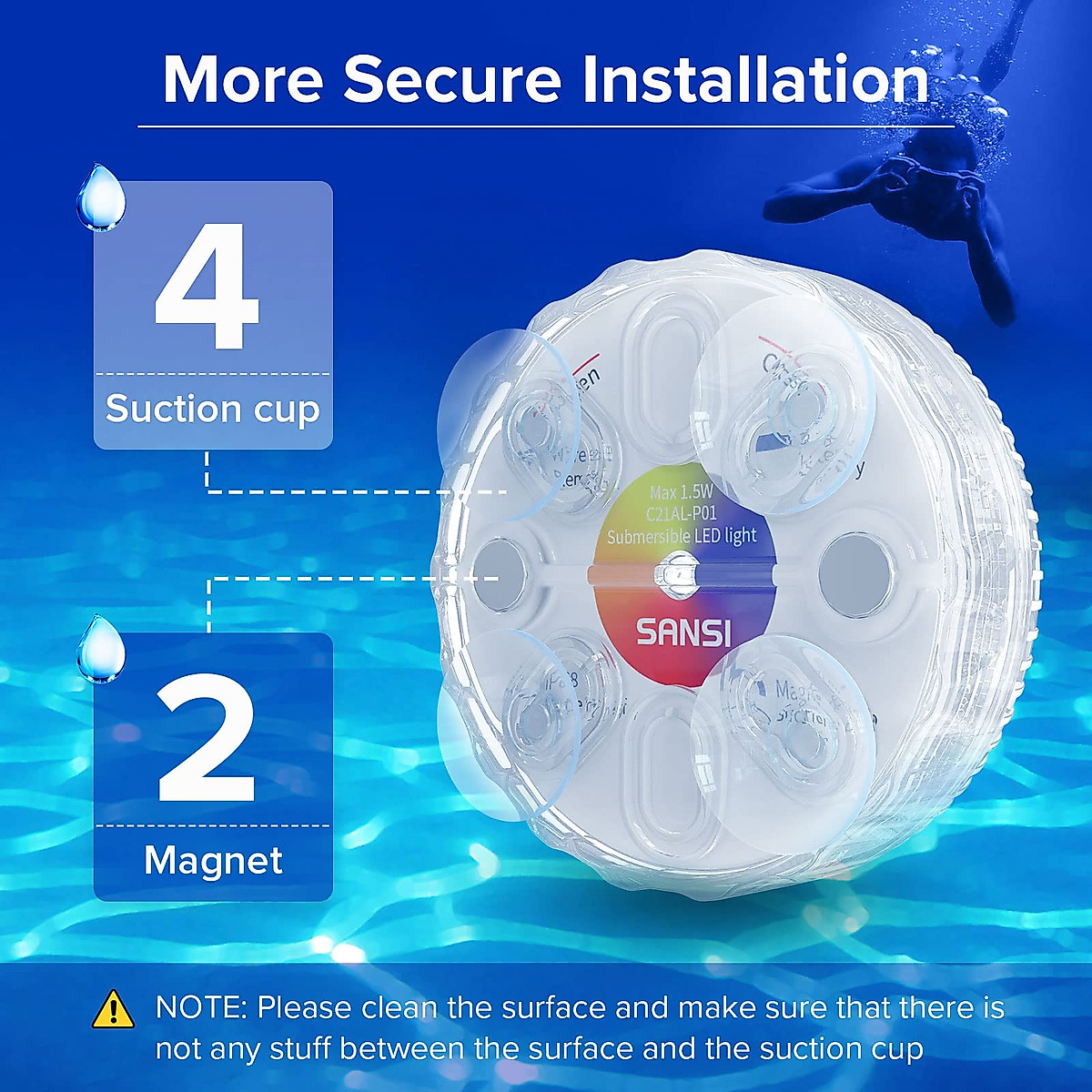 SANSI RGB Pool Lights with 16 Colors RF Remote, IP68 Waterproof Underwater Pond Lights with Magnet and Suction Cups, Tub Lights for Fish Tank Courtyard Inground Aboveground Pool Holiday Party, 2-Pack