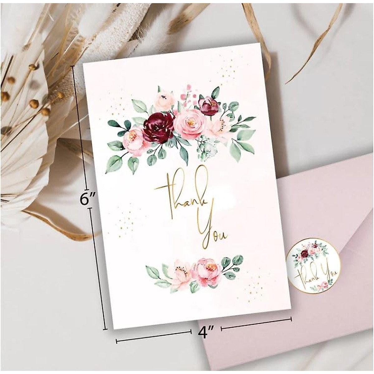 WHOLISTIC JOY Thank You Cards 48 ct Set | 6 Floral Designs Stationary | Gold Foil | Matching Envelopes & Stickers Designs | Special Occastion | Wedding, Birthday, Graduation, Baby Shower