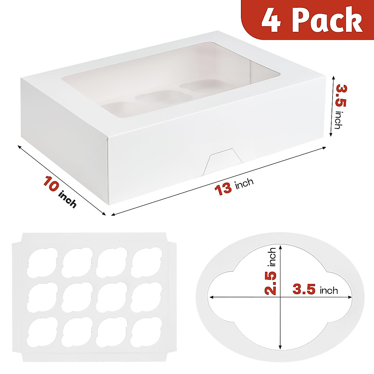 ZORRITA 12 Count Cupcake Boxes, 4 Pack Auto-Popup White Cupcake Containers with Window and Inserts Cupcake Carrier with Holders to Fit Dozen Cupcakes and Muffins