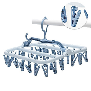 Trrcylp Clothes Drying Racks Collapsible Clip Hangers Plastic with 32 Clips Windproof Hook Underwear Hanger Foldable Laundry Clip for Socks Bras Blue