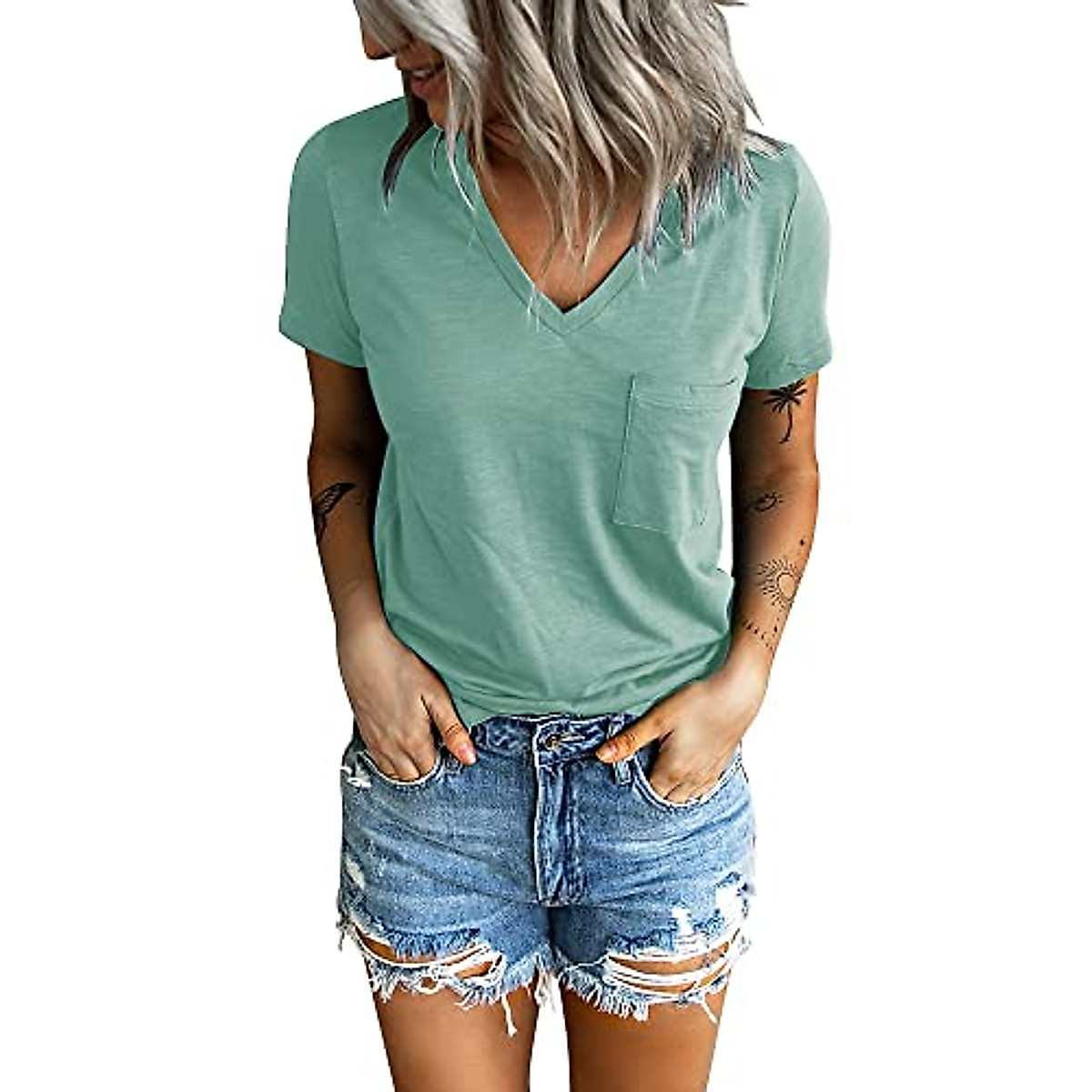 Sunborui Women's Summer Short Sleeve V Neck T Shirts Pocket Solid Loose Casual Tee Tops (Light Green,Medium)