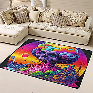 Memory Foam Psychedelic Skull City Art Kitchen Rug Play Blanket Extra Large Yoga Mat, Anti-Slip Backing Nursery Rugs, Absorbent Indoor Outdoor Entryway Rug