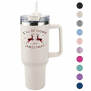 LB LEOBON 40 ounce insulated cup with handle, double-layer vacuum stainless steel material, equipped with straw, can keep warm or maintain cold drinks Reindeer I'll Be Home for Christmas white