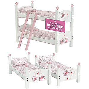 Emily Rose Doll Bunk Bed, 18 Inch Doll Furniture Mini Baby Doll Stackable Bed, Wooden Doll Accessories Bunkbed Furniture Set, 18" Doll Bedding Toy Playsets - Compatible with 18" American Girl Dolls