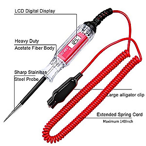 Large Size Heavy Duty 3-48V Digital LCD Circuit Tester with 140 Inch Extended Spring Wire,Car Truck Low Voltage & Light Tester with Stainless Probe