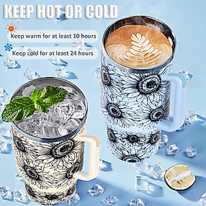 WEXINBF 40oz Tumbler With Handle And Straw Lid, Double Wall Vacuum Insulated Tumbler for Hot or Cold Drink, Stainless Steel Water Bottle Travel Mug, Large Iced Coffee Cup (Hot Pink Sunflower)