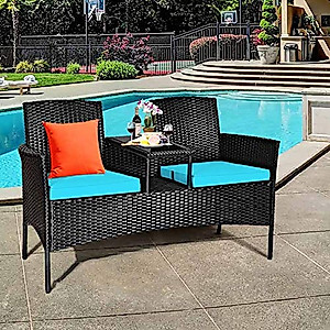 LDAILY Patio Conversation Set, Modern Rattan Loveseat, Outdoor Furniture Set with Removable Cushions & Table, Patio Wicker Sofa Set, Tempered Glass Top, Ideal for Garden Lawn Backyard